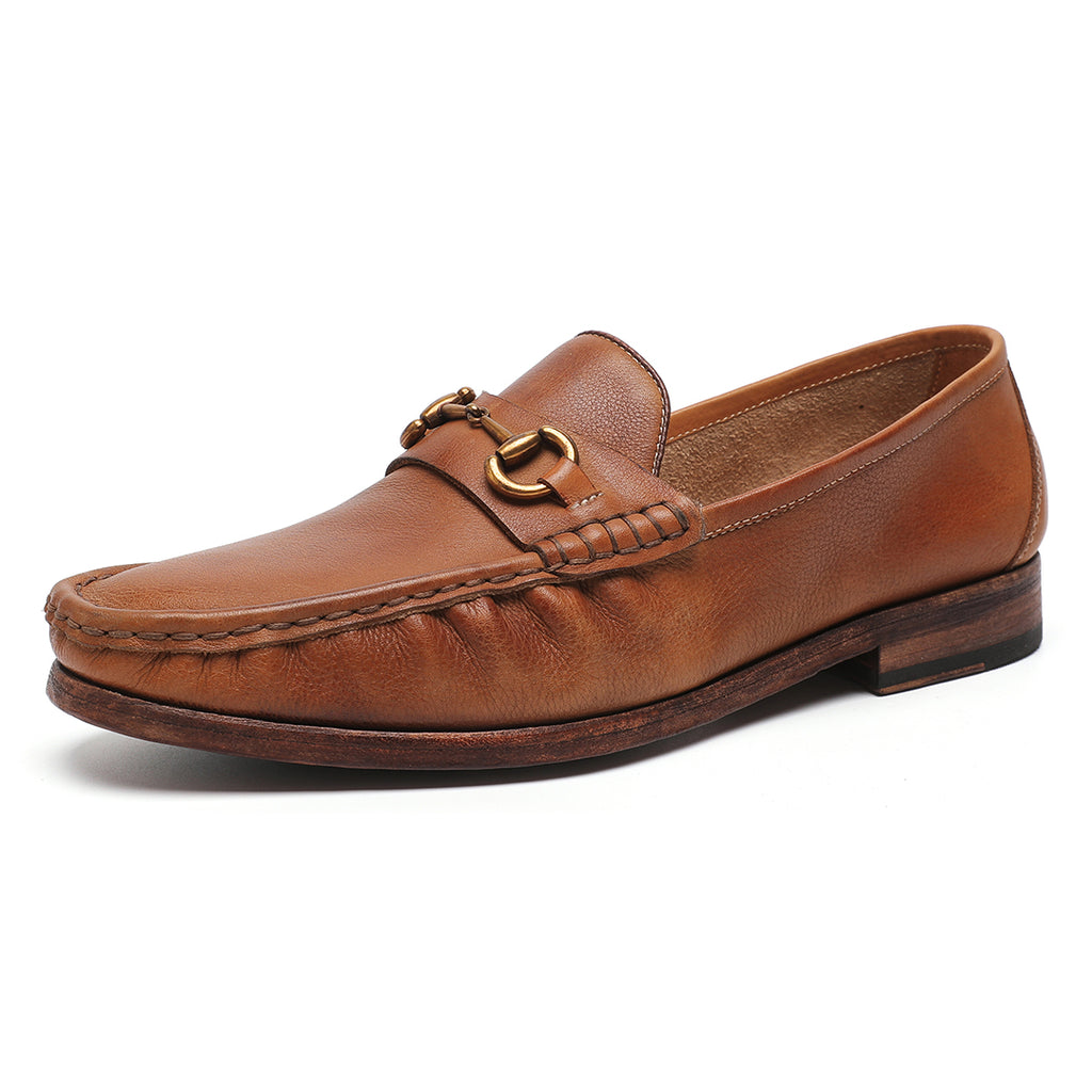 Men's Cognac Brown Cowhide Casual Moc Toe Bit Loafer