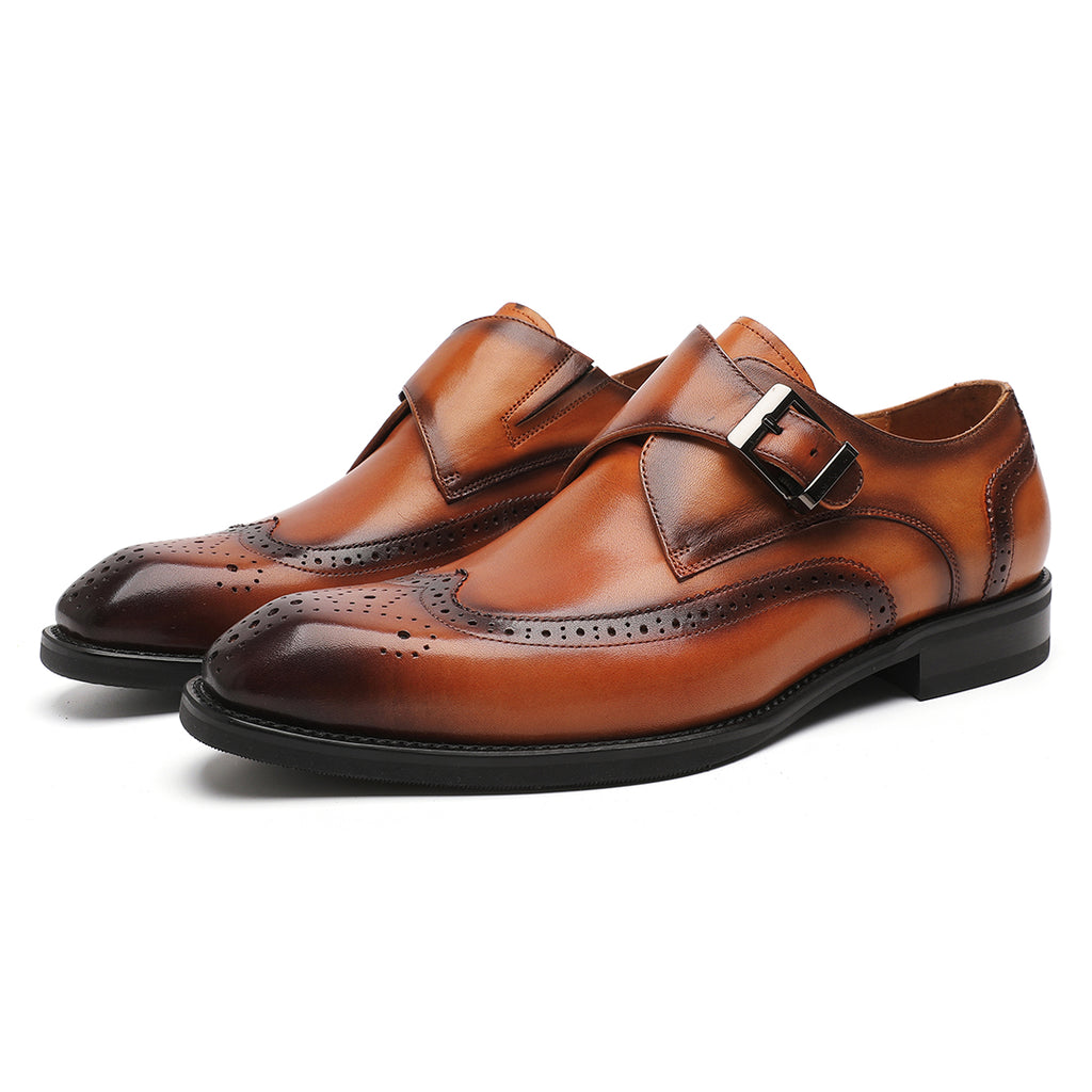 Men's Cognac Brown Calfskin Wingtip Monk Strap Loafer